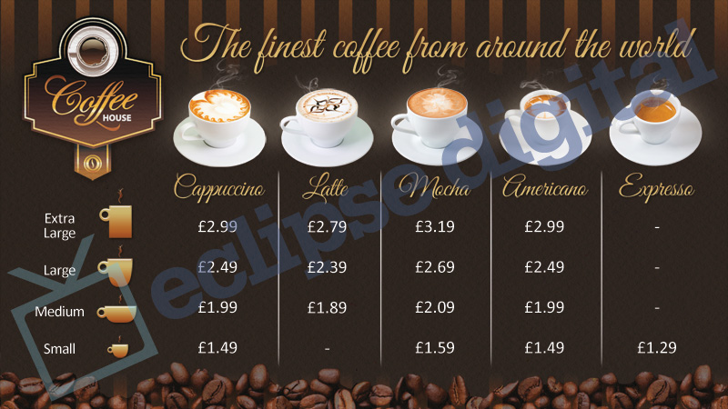 Coffee Shop Version 2 Menu Board PSD Template | Eclipse Digital Media Coffee Shop Version 2 Menu Board PSD Template | Eclipse Digital Media